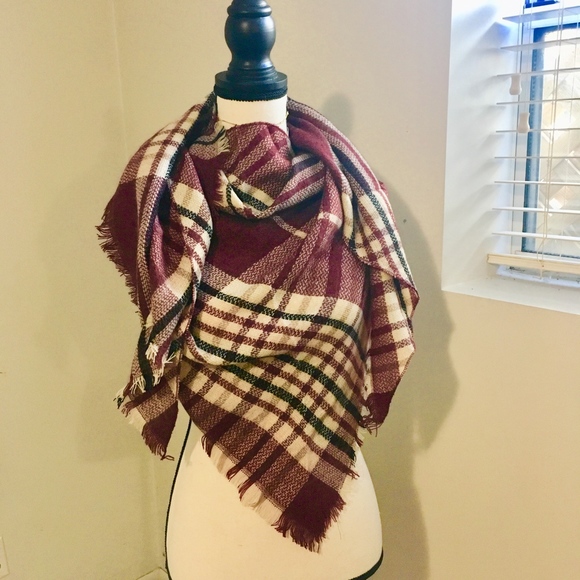 Accessories | Plaid Raw Hem Wrap Blanket Red Triangle Scarf | Poshmark